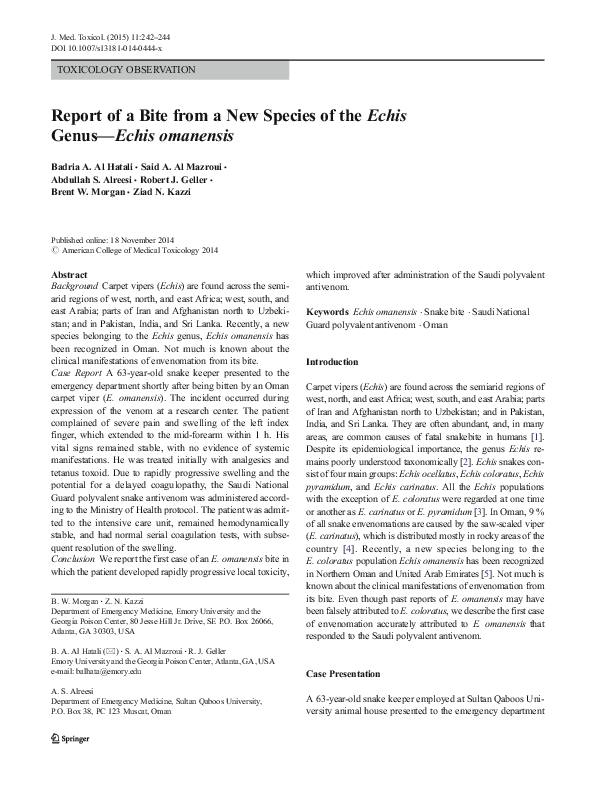 (PDF) Report of a Bite from a New Species of the Echis Genus—Echis ...