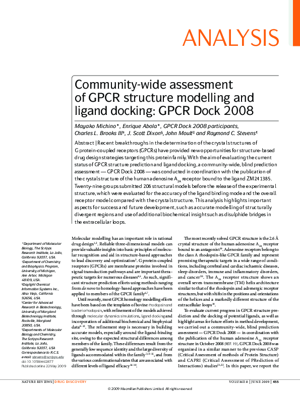 (PDF) Community-wide assessment of GPCR structure modelling and ligand docking: GPCR Dock 2008