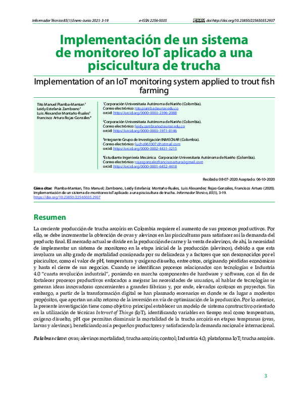 Implementación De Un Sistema De Monitoreo Iot Aplicado A Una Piscicultura De Trucha 