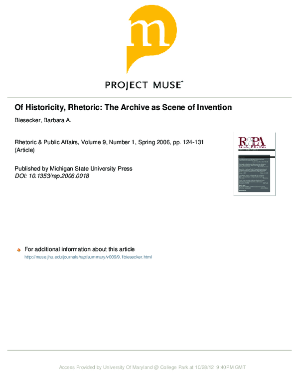 (PDF) Of Historicity, Rhetoric: The Archive as Scene of Invention