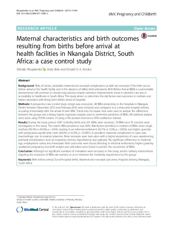 (PDF) Maternal characteristics and birth outcomes resulting from births ...