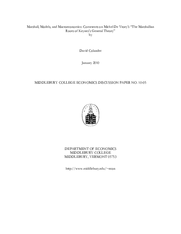 (PDF) Marshall, Models, and Macroeconomics: Comments on Michel De Vroey ...