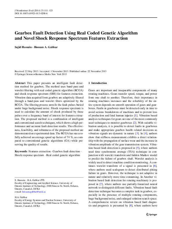 (PDF) Gearbox Fault Detection Using Real Coded Genetic Algorithm and Novel Shock Response ...