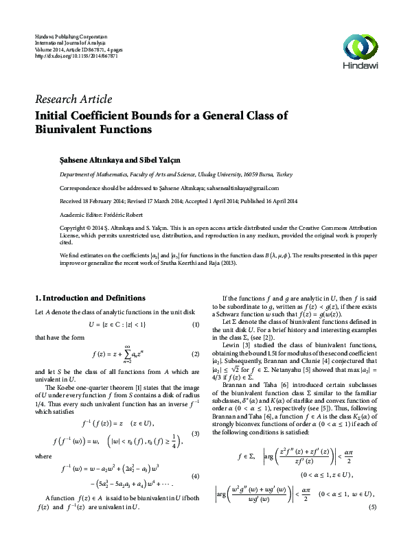 Pdf Initial Coefficient Bounds For A General Class Of Bi Univalent Functions