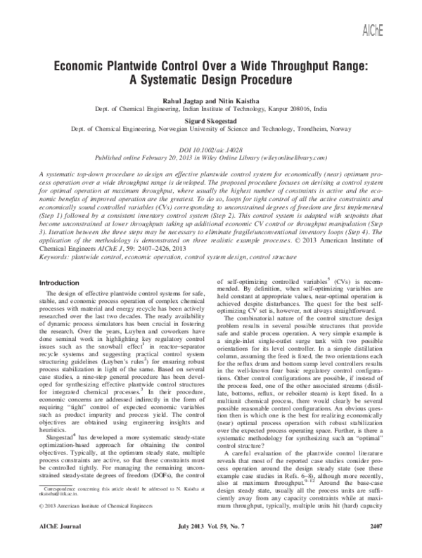 (PDF) Economic Plantwide Control Over a Wide Throughput Range: A ...