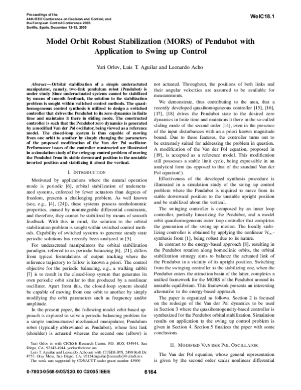 (PDF) Model Orbit Robust Stabilization (MORS) of Pendubot with Application to Swing up Control