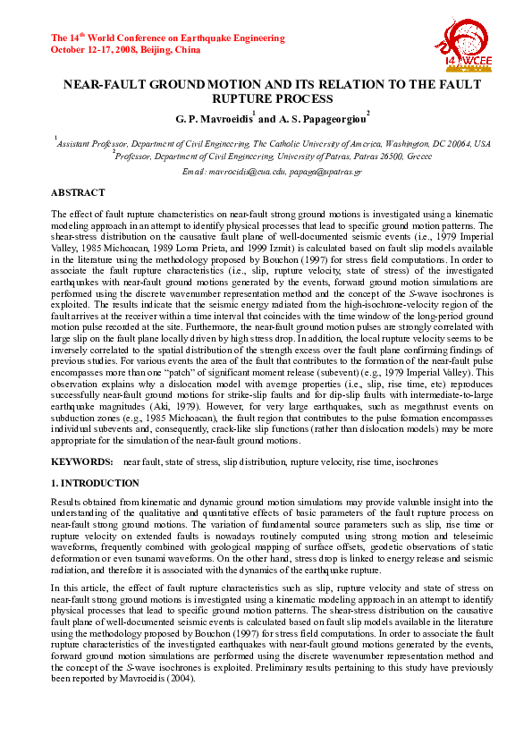 (PDF) Near-Fault Ground Motion and Its Relation to the Fault Rupture Process | Apostolos S ...