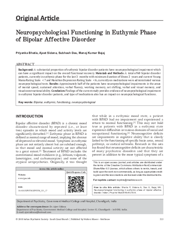 (PDF) Neuropsychological functioning in euthymic phase of bipolar ...