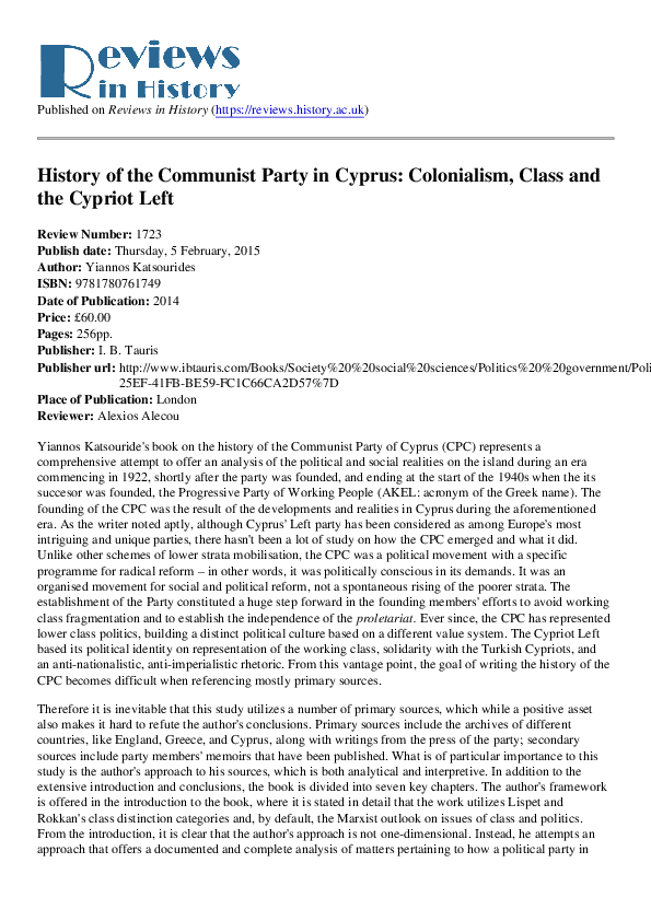 (PDF) Review of 'History of the Communist Party in Cyprus: Colonialism ...