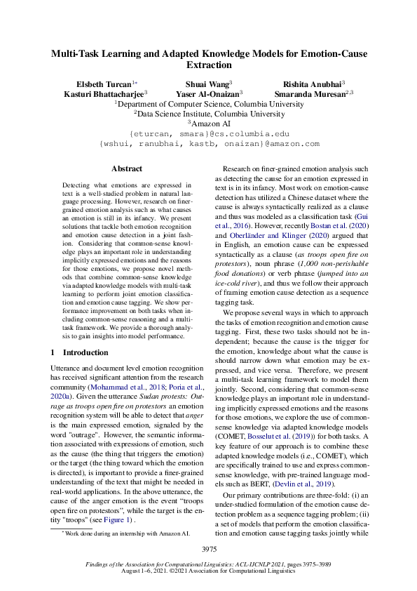 (PDF) Multi-Task Learning and Adapted Knowledge Models for Emotion-Cause Extraction