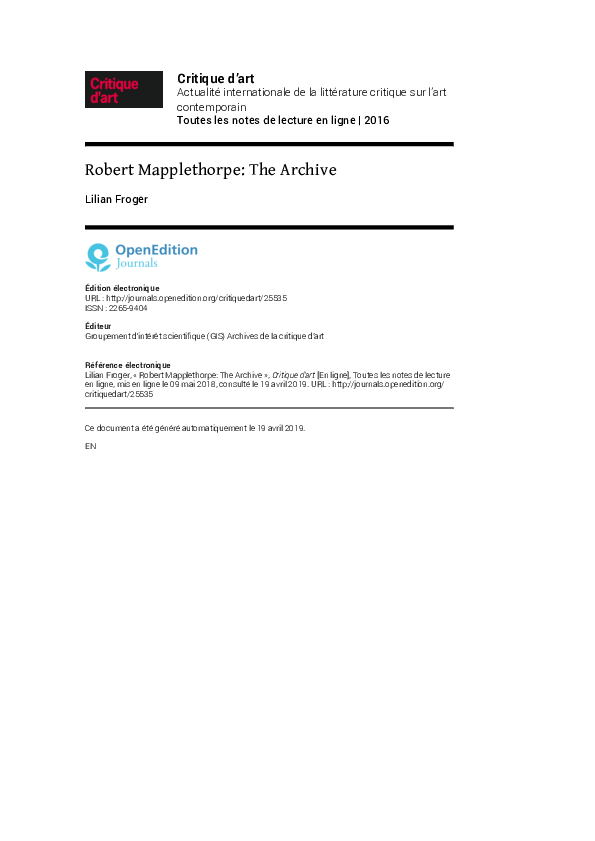 (PDF) Robert Mapplethorpe: the archive