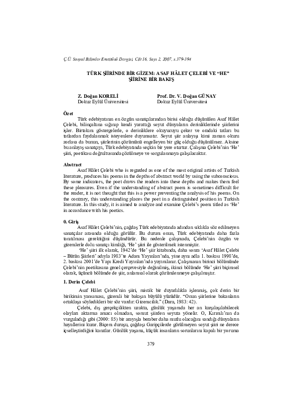 (PDF) Türk Şiirinde Bir Gizem: Asaf Hâlet Çelebi Ve “he” Şiirine Bir ...