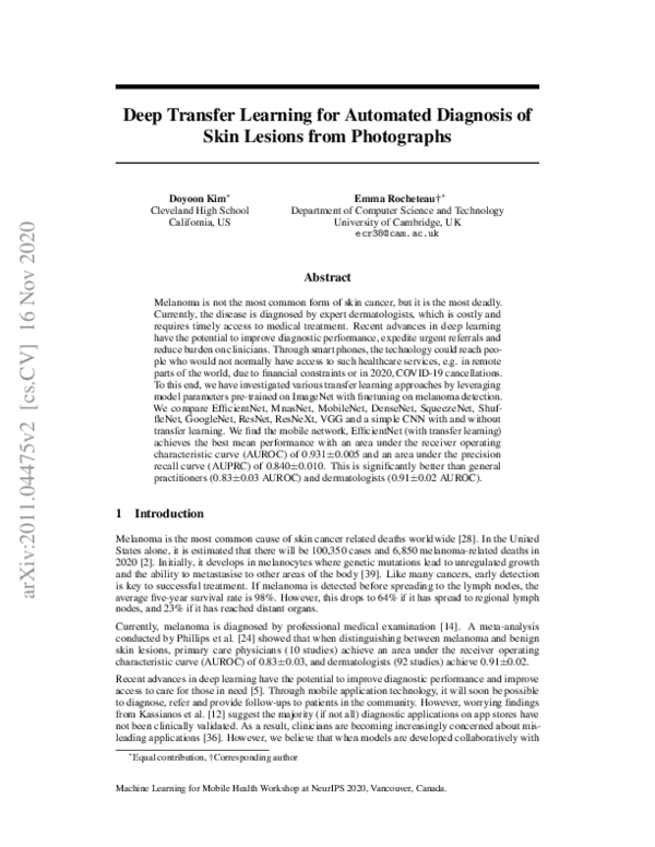 (PDF) Deep Transfer Learning for Automated Diagnosis of Skin Lesions from Photographs