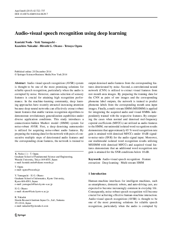 (PDF) Audio-visual speech recognition using deep learning | Kuniaki Noda - Academia.edu