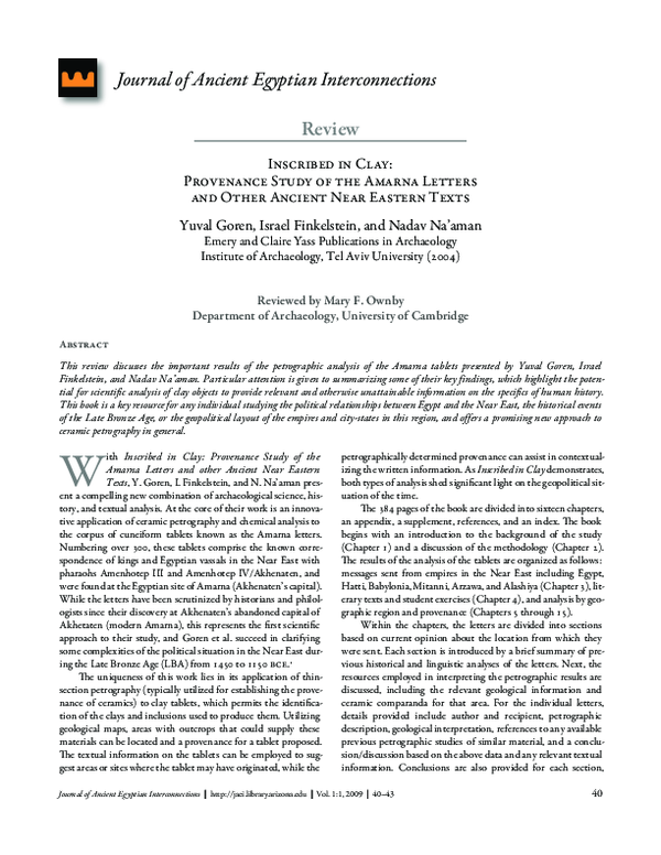 (PDF) REVIEW: Inscribed in Clay: Provenance Study of the Amarna Letters ...