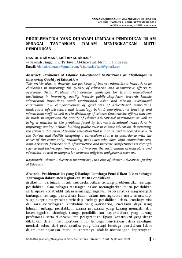 (PDF) Problematika Yang Dihadapi Lembaga Pendidikan Islam Sebagai Tantangan Dalam Meningkatkan ...