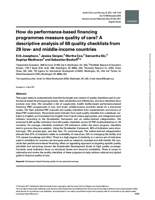 (PDF) Performance-Based Financing: Analyzing Quality Checklists in 28 Countries