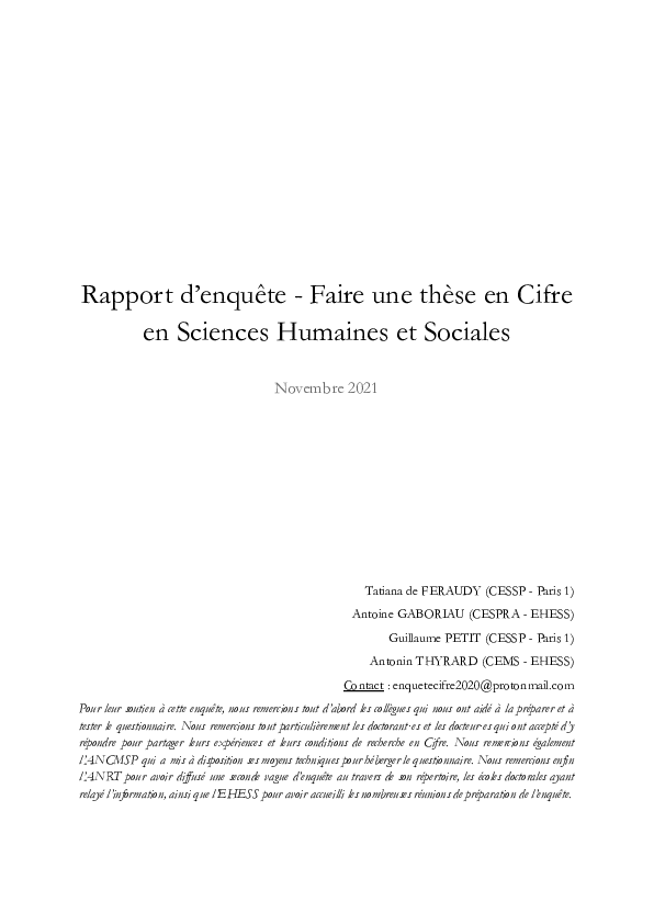 (PDF) Rapport d’enquête - Faire une thèse en Cifre en Sciences Humaines et Sociales