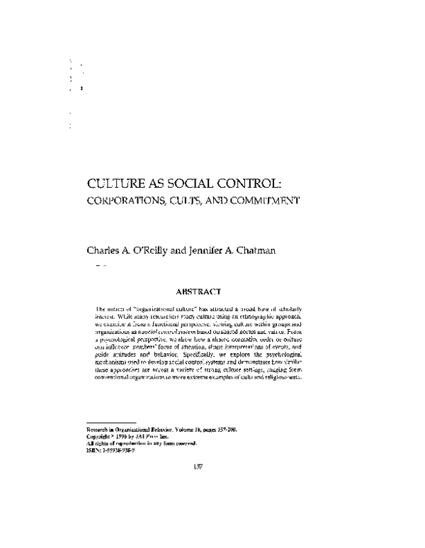 (PDF) Culture as social control: Corporations, cults, and commitment