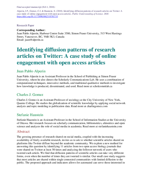 (PDF) Diffusion Patterns of Open Access Research Articles on Twitter
