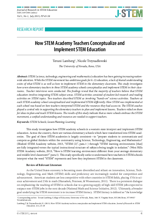 (PDF) How STEM Academy Teachers Conceptualize and Implement STEM Education