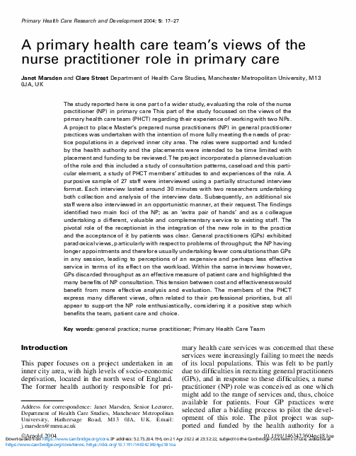 (PDF) A primary health care team's views of the nurse practitioner role ...