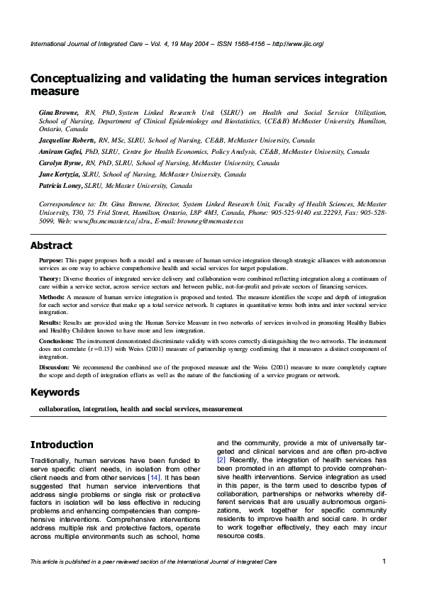 (PDF) Conceptualizing and validating the human services integration measure