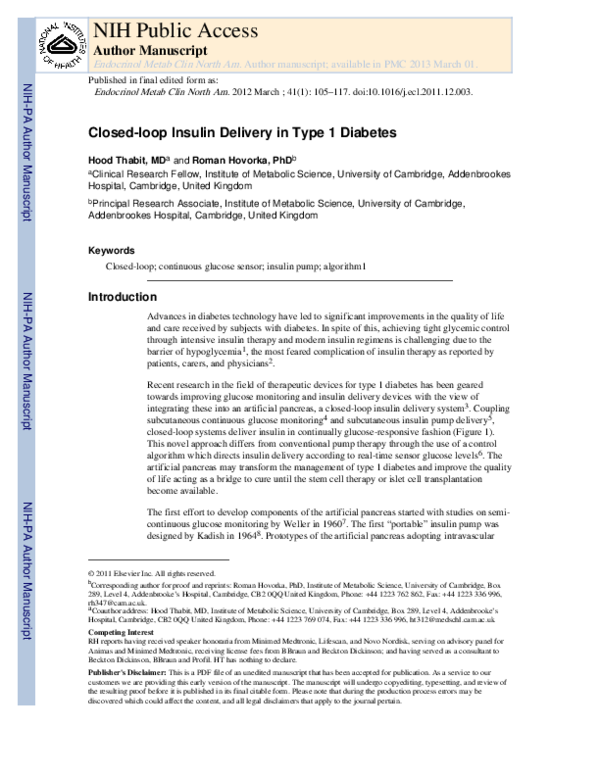(PDF) Closed-Loop Insulin Delivery in Type 1 Diabetes