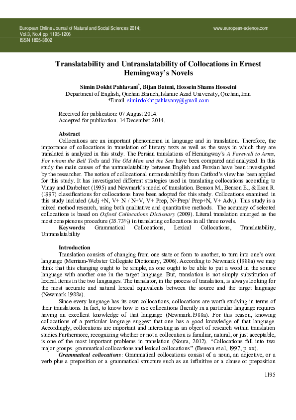 (PDF) Translatability and Untranslatability of Collocations in Ernest ...