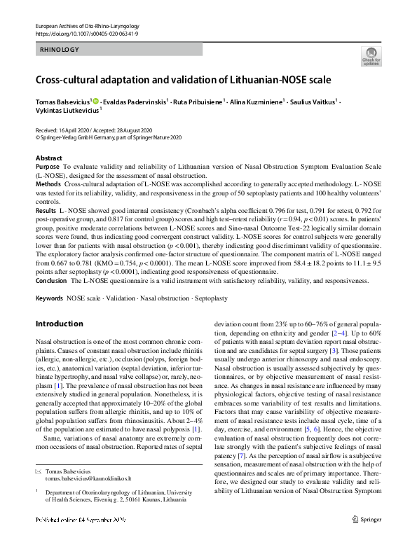 Pdf Cross Cultural Adaptation And Validation Of Lithuanian Nose Scale