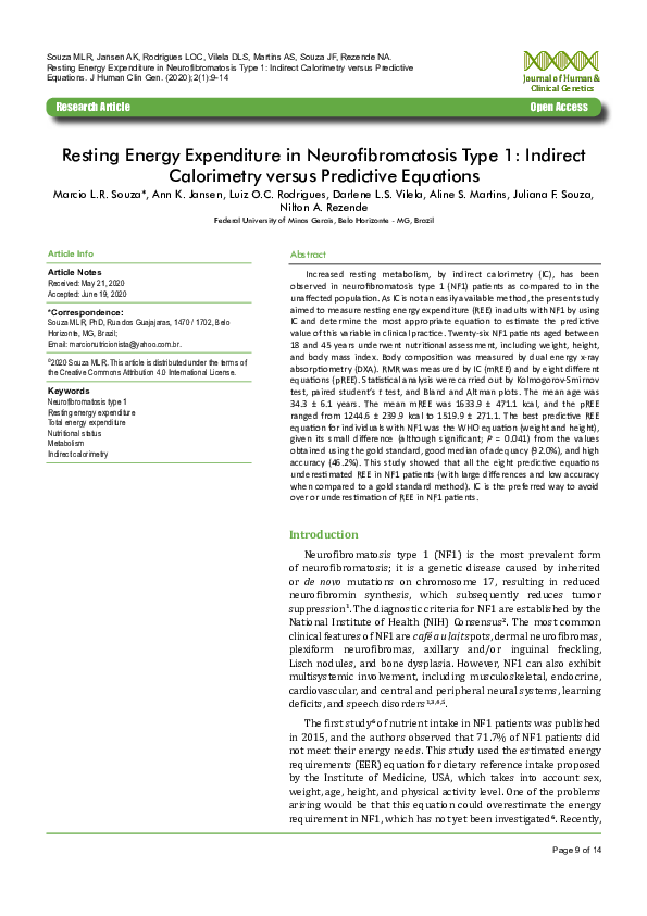 (PDF) Resting Energy Expenditure in Neurofibromatosis Type 1: Indirect ...