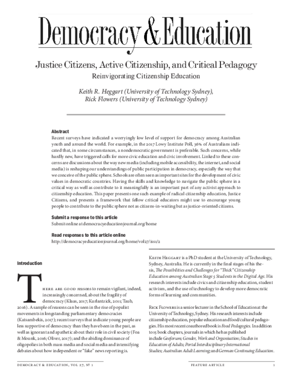 (PDF) Justice Citizens, Active Citizenship, and Critical Pedagogy ...