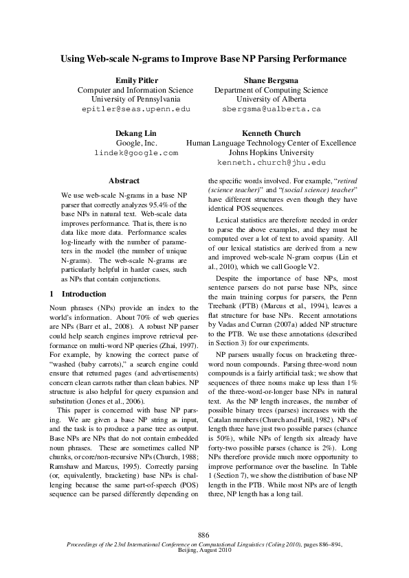 (PDF) Using web-scale N-grams to improve base NP parsing performance | Kenneth Church - Academia.edu
