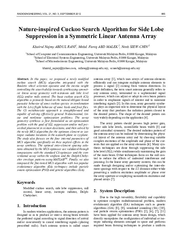 (PDF) Nature-inspired cuckoo search algorithm for side lobe suppression in a symmetric linear ...
