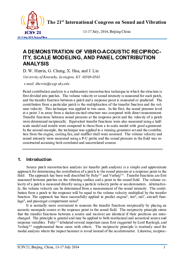 (PDF) A demonstration of vibro-acoustic reciprocity, scale modeling, and panel contribution analysis
