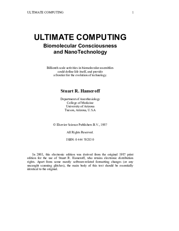 (PDF) Ultimate computing: Biomolecular consciousness and nanotechnology
