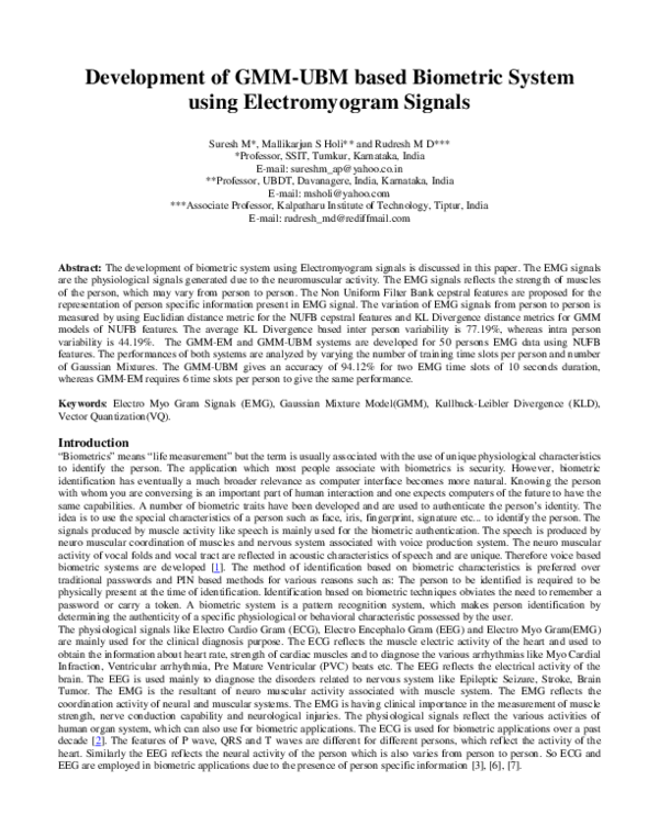 (PDF) Development of GMM-UBM based Biometric System using Electromyogram Signals