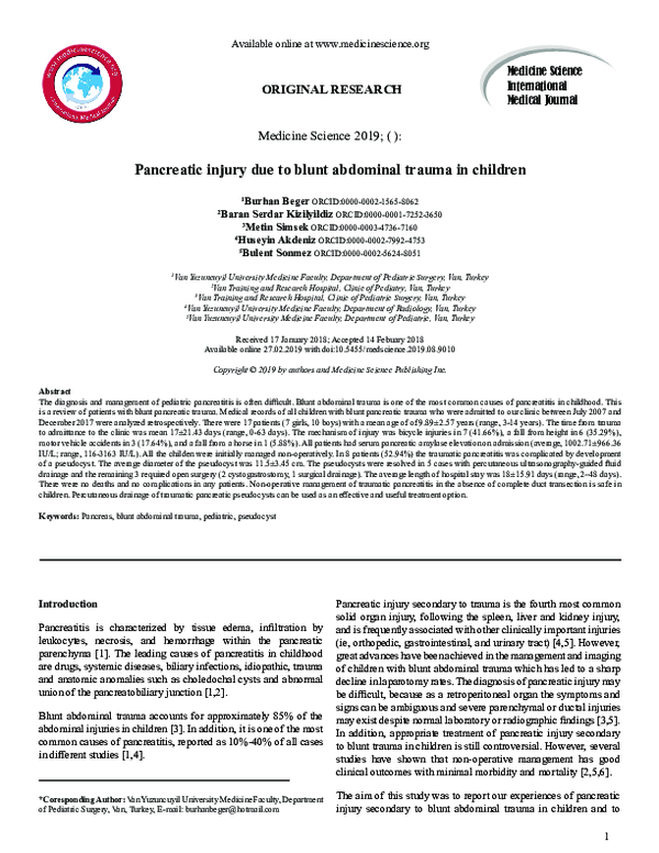 (PDF) Pancreatic injury due to blunt abdominal trauma in children