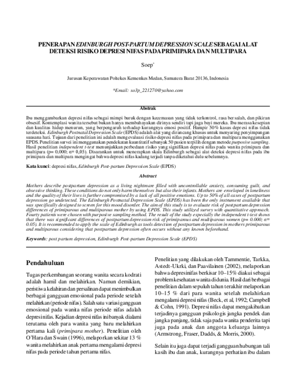 (PDF) Penerapan Edinburgh Post-Partum Depression Scale Sebagai Alat ...