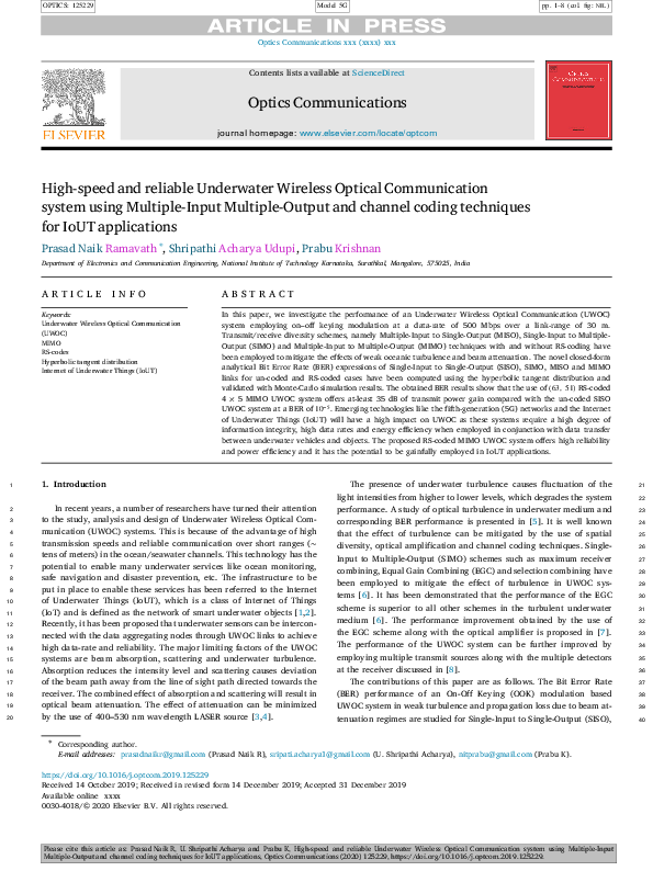 (PDF) High-speed and reliable Underwater Wireless Optical Communication system using Multiple ...