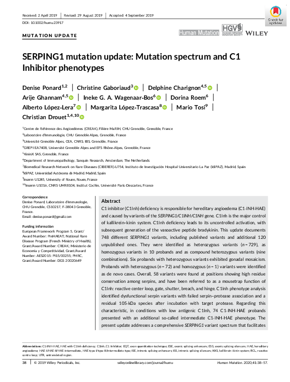(PDF) SERPING1 mutation update: Mutation spectrum and C1 Inhibitor ...