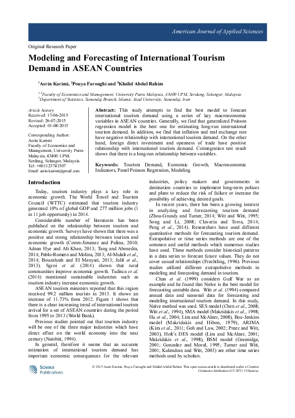 Pdf Modeling And Forecasting Of International Tourism Demand In Asean Countries
