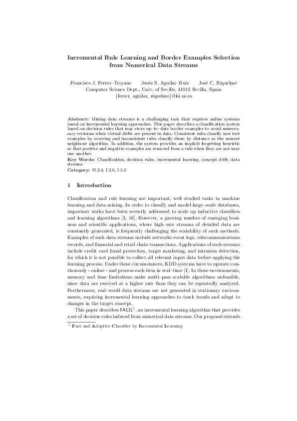(PDF) Incremental Rule Learning and Border Examples Selection from Numerical Data Streams