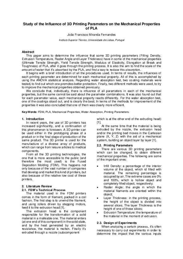 (PDF) Study of the influence of 3D printing parameters on the mechanical properties of PLA