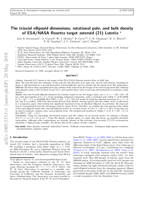 (PDF) The triaxial ellipsoid dimensions, rotational pole, and bulk density of ESA Rosetta target ...