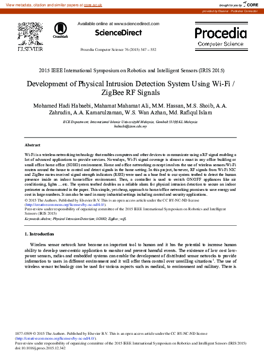 (PDF) Development of Physical Intrusion Detection System Using Wi-Fi / ZigBee RF Signals