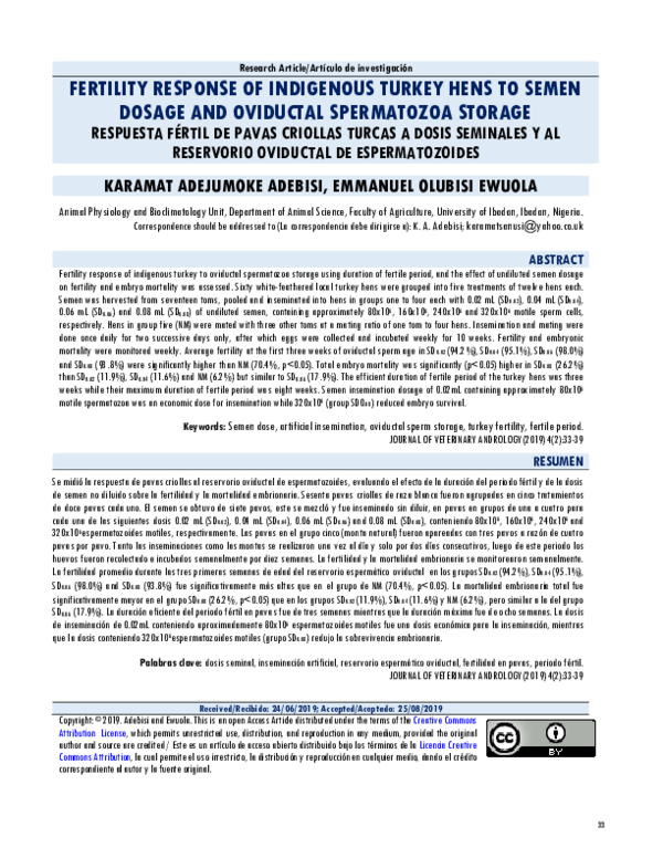 (PDF) Fertility Response of Indigenous Turkey Hens to Semen Dosage and ...
