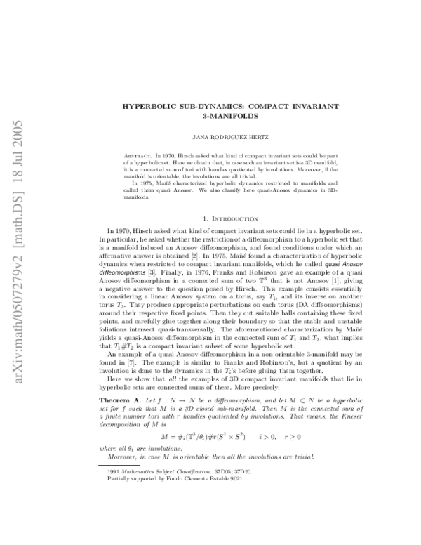 (PDF) Hyperbolic sub-dynamics: compact invariant 3-manifolds