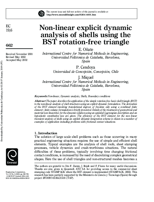 Pdf Non Linear Explicit Dynamic Analysis Of Shells Using The Bst