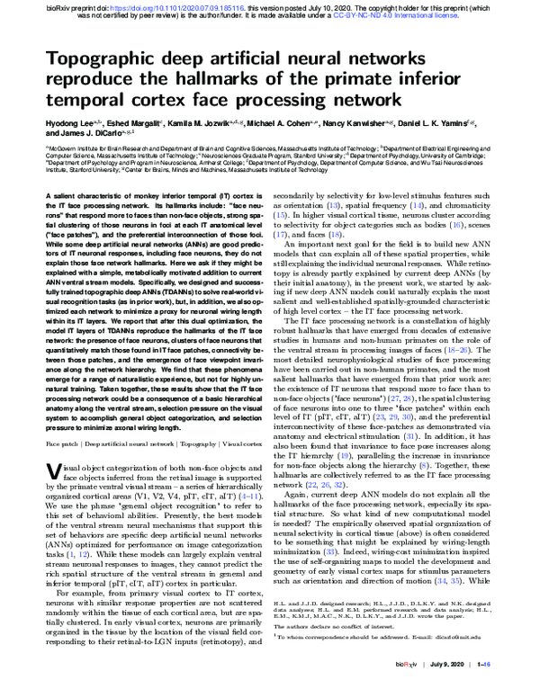 (PDF) Topographic deep artificial neural networks reproduce the hallmarks of the primate ...